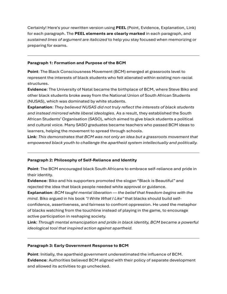 Black Consciousness Movement: PEEL Analysis of Anti-Apartheid Role