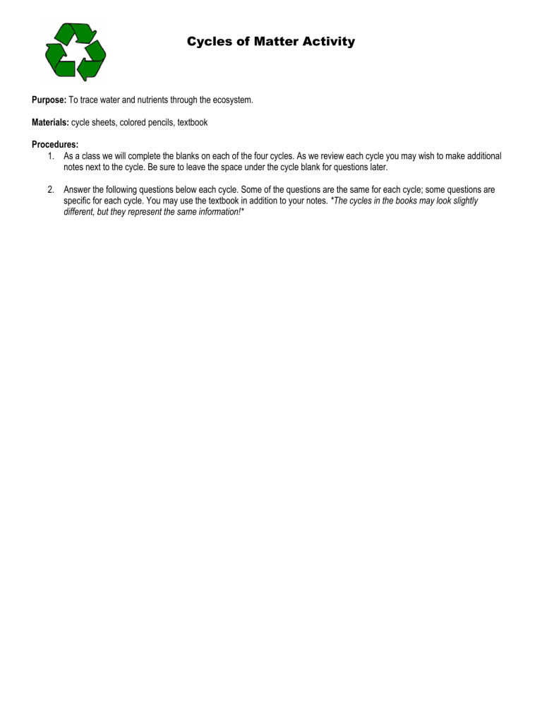 Cycles of Matter Activity: Water, Carbon, Nitrogen, Phosphorus