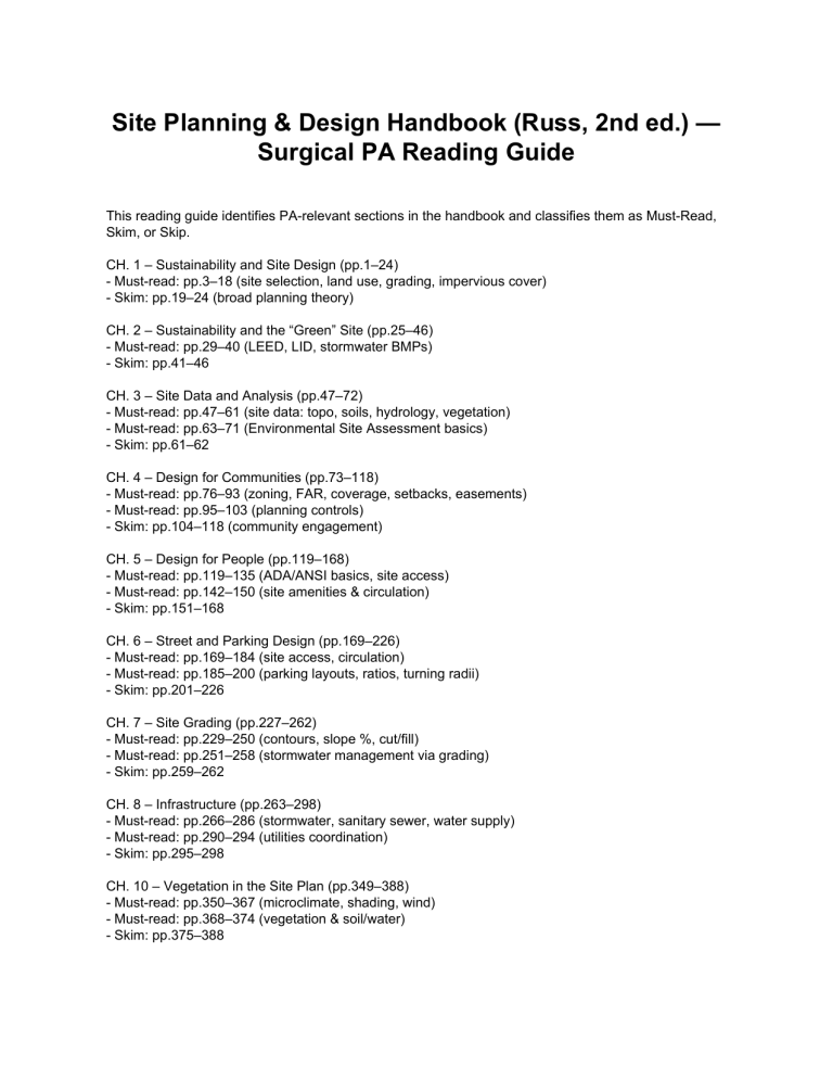Surgical PA Reading Guide: Site Planning & Design Handbook (Russ, 2nd ed.)