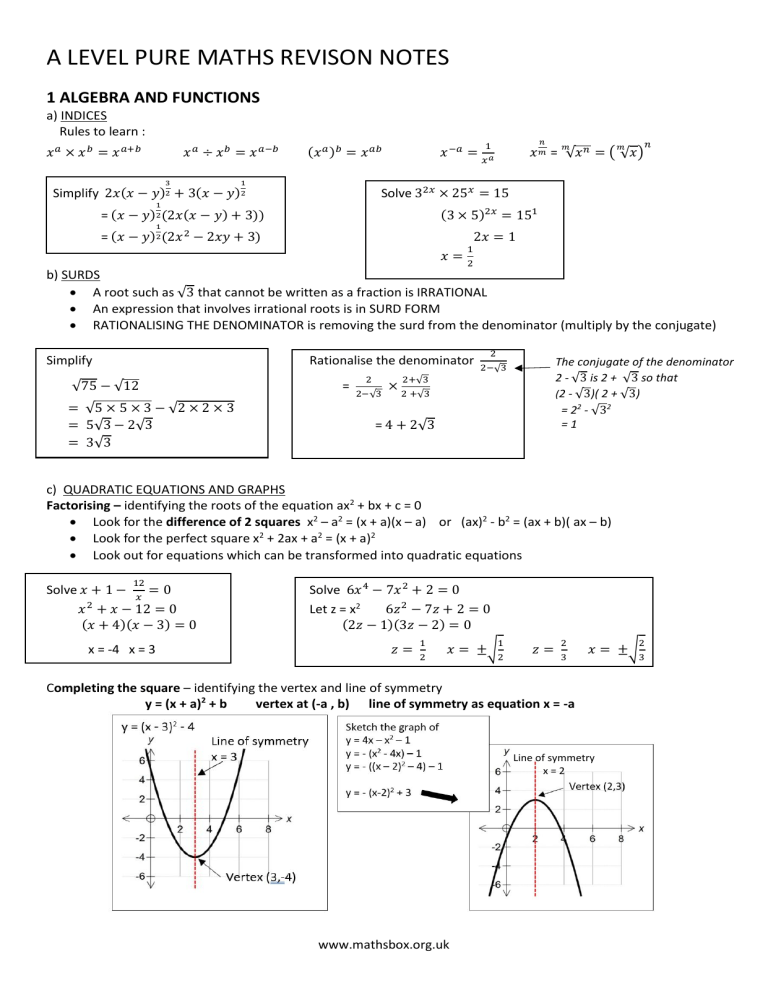 A Level Pure Maths Revision Notes: Algebra, Geometry, Sequences