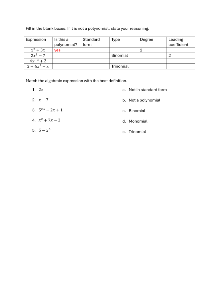 Polynomials Worksheet | Algebra Practice