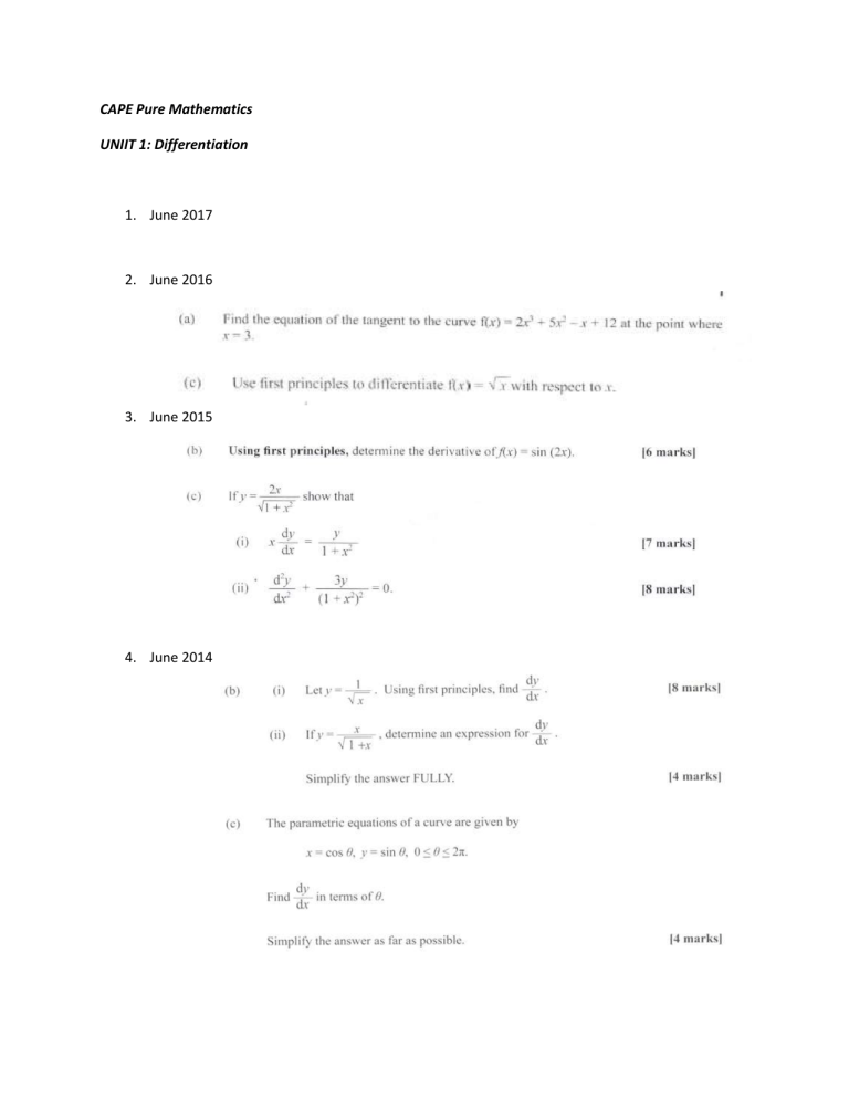 CAPE Pure Mathematics: Unit 1 Differentiation Past Exam Questions