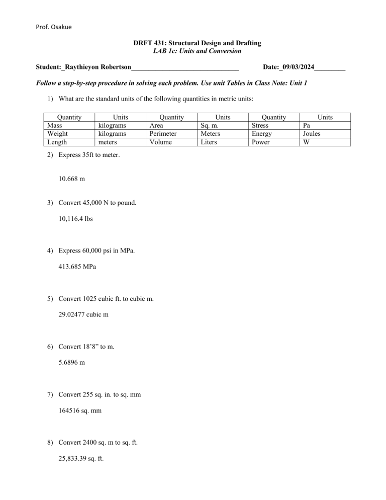 Structural Design & Drafting Lab: Units & Conversion Problems
