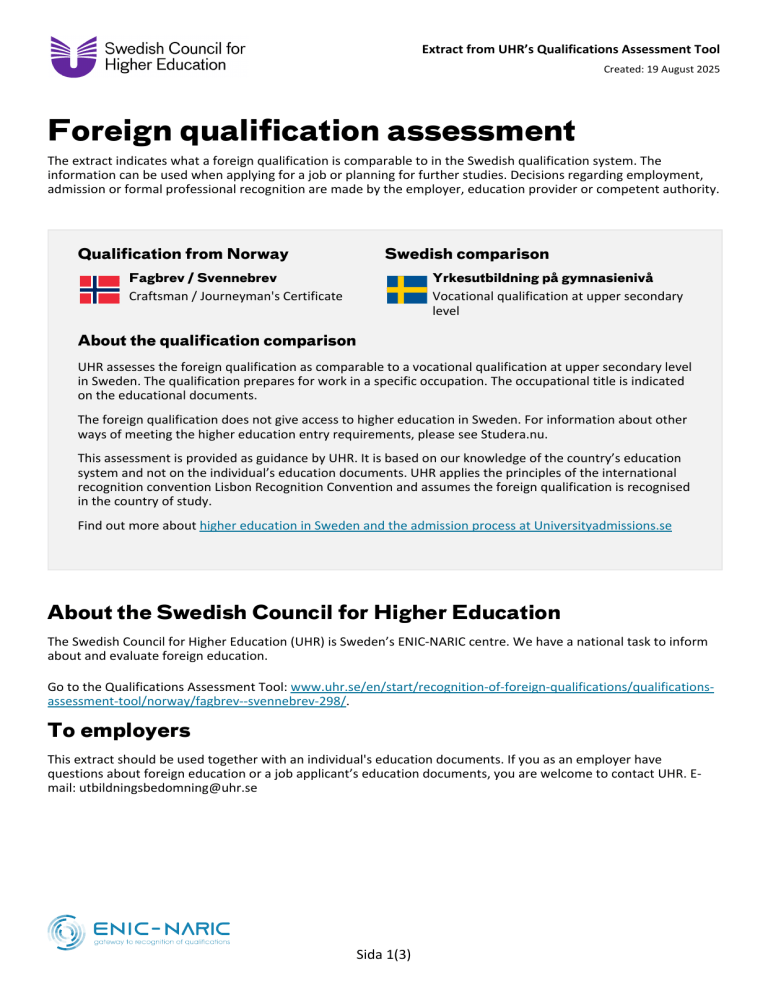 UHR Foreign Qualification Assessment: Norway to Sweden Comparison
