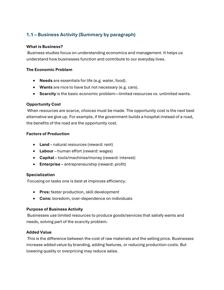 Business Studies: Activity, Growth, Management & Marketing Study Guide
