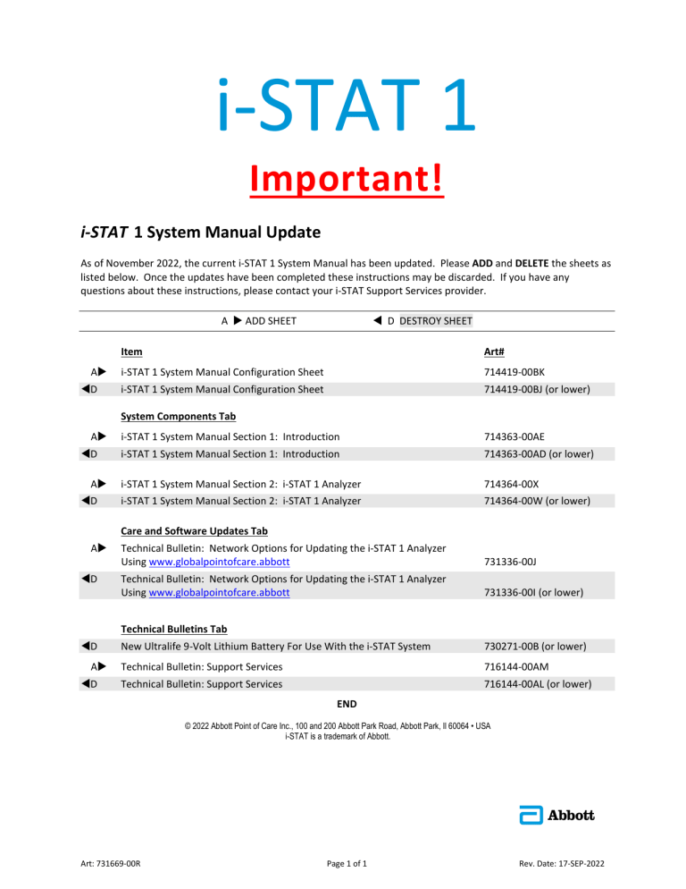 i-STAT 1 System Manual Update: Analyzer & Diagnostics Guide 2022