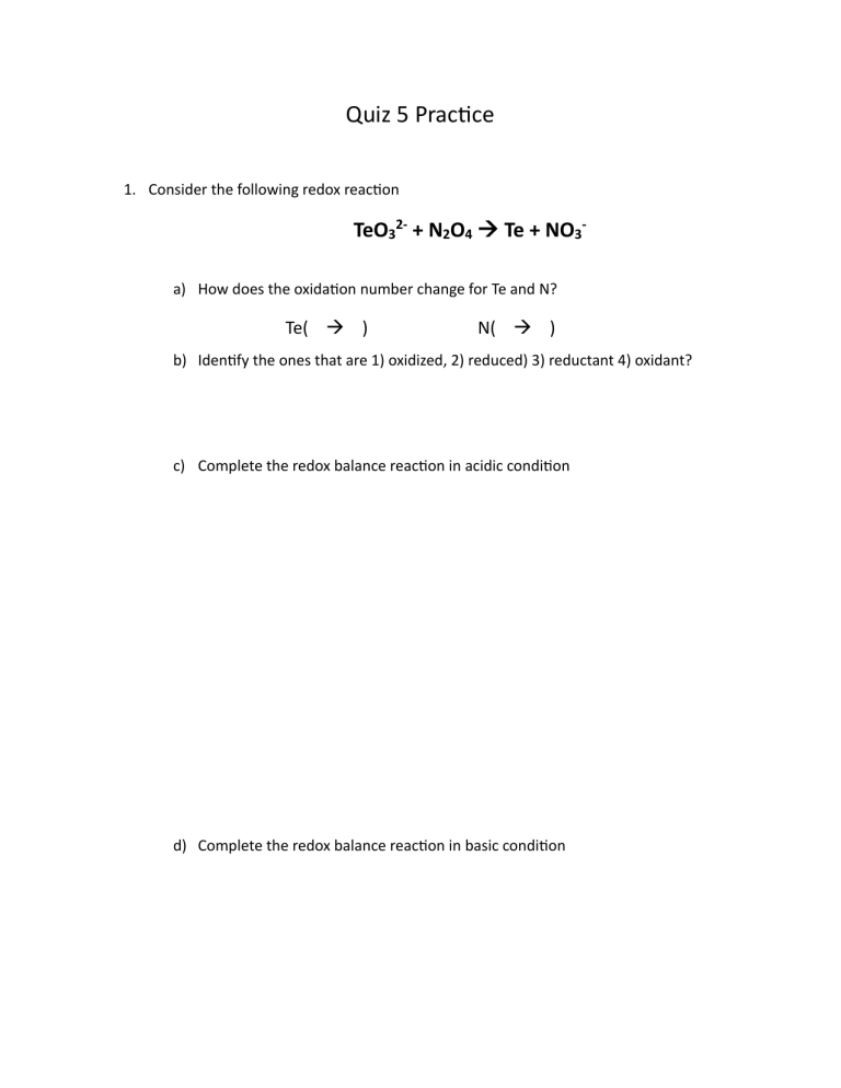 Quiz 5 Practice: Redox Reactions & Electrochemistry Problems