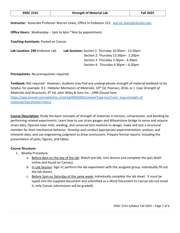 ENSC 2141 Strength of Materials Lab Syllabus - Fall 2025