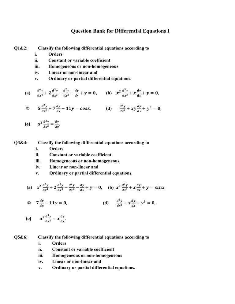 Differential Equations I Question Bank: Classification & Solution Methods