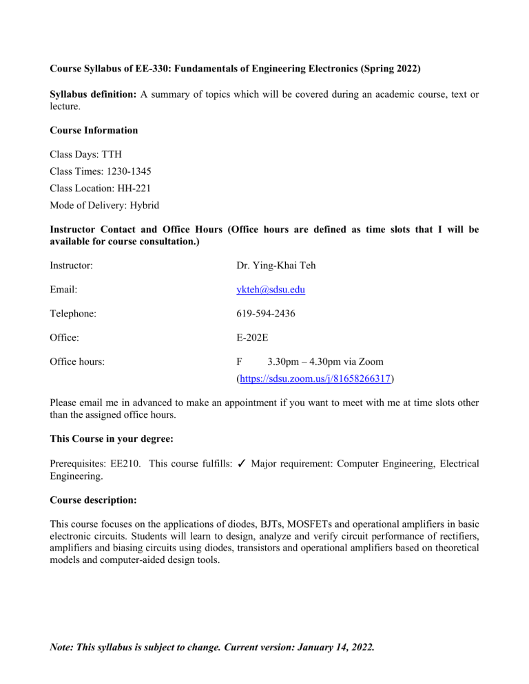 EE-330: Fundamentals of Engineering Electronics Syllabus - Spring 2022