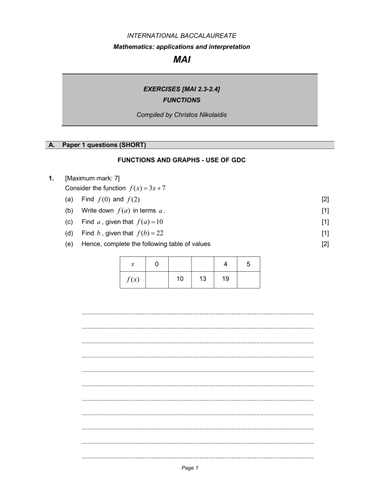 IB Math AI Functions Exercises: Graphs, Domain, Range, Tables
