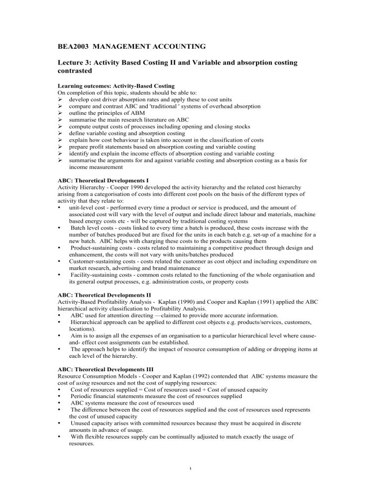 Activity-Based Costing & Variable/Absorption Costing Lecture Notes