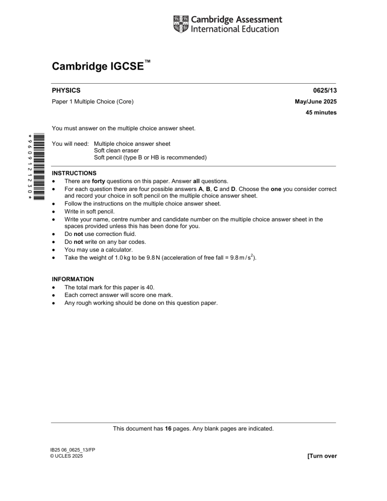 Cambridge IGCSE Physics Paper 1 Multiple Choice (Core) - May/June 2025