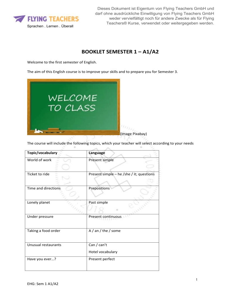 English A1/A2 Coursebook: Semester 1 - Flying Teachers Language Learning