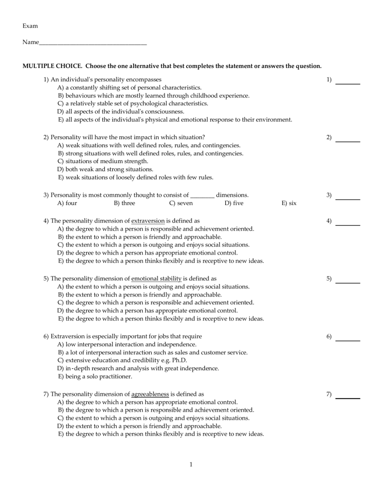 Psychology Exam: Personality & Learning Multiple Choice Questions