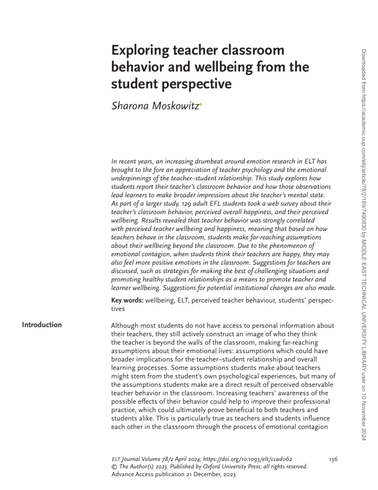 Teacher Behavior & Wellbeing: Student Perceptions in ELT Research