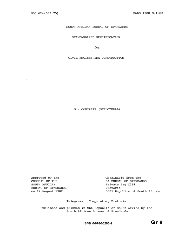 SABS 1200 G-1982: Civil Engineering Structural Concrete Specification