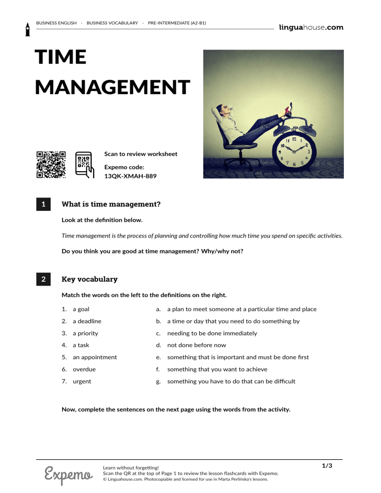 Business English Time Management Vocabulary Worksheet (A2-B1)