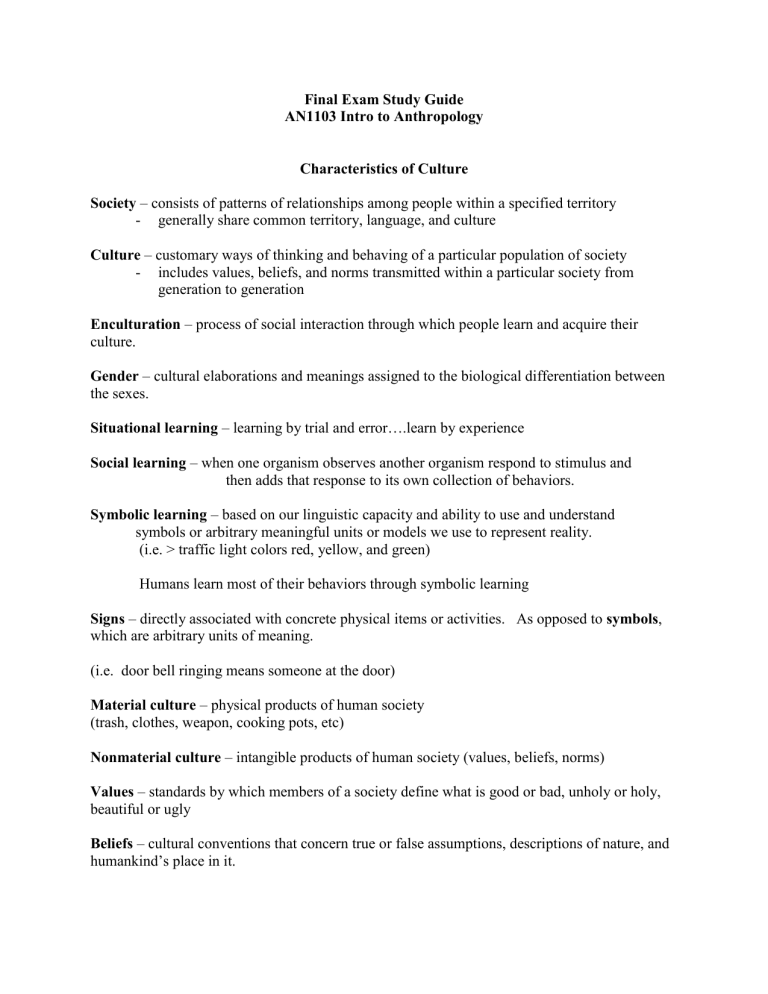 Anthropology Final Exam Study Guide: Culture, Society & Subsistence