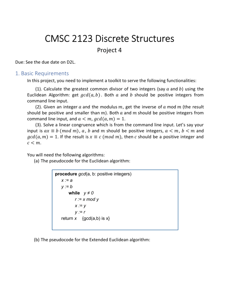 CMSC 2123 Discrete Structures Project 4: Euclidean Algorithms