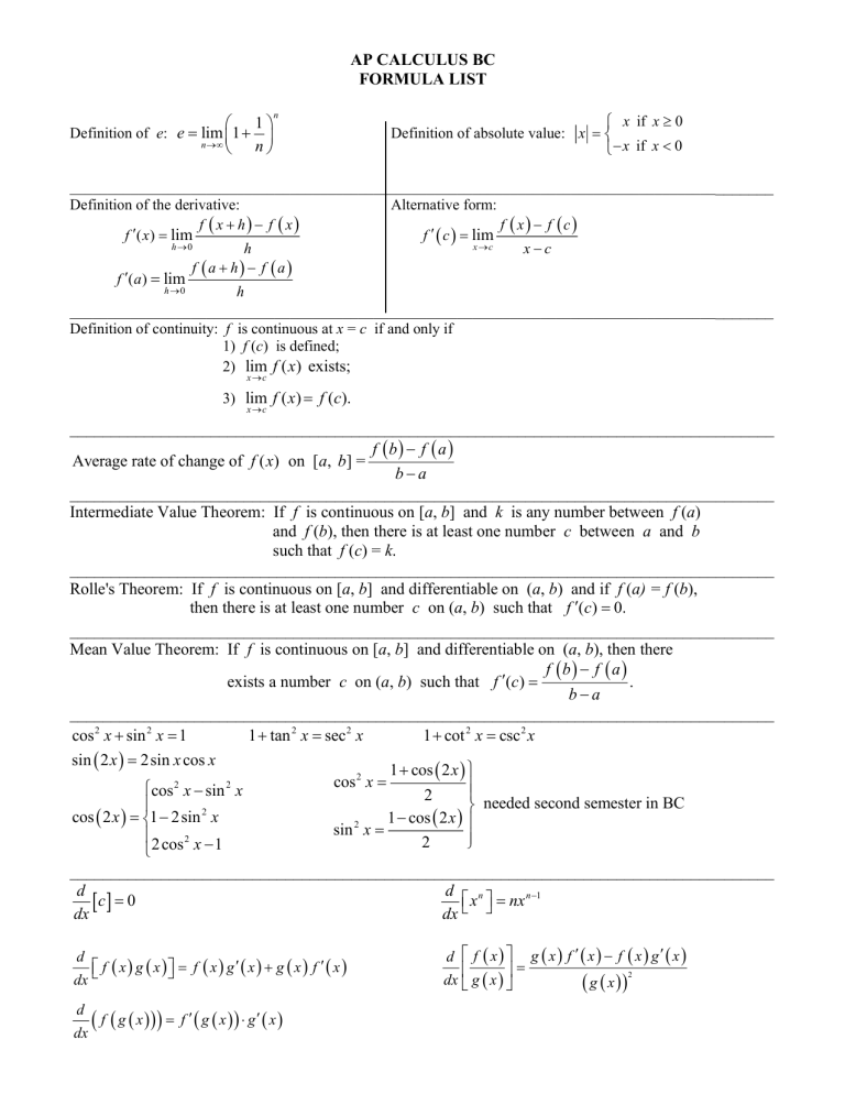 AP Calculus BC Formula List: Definitions, Theorems & Formulas