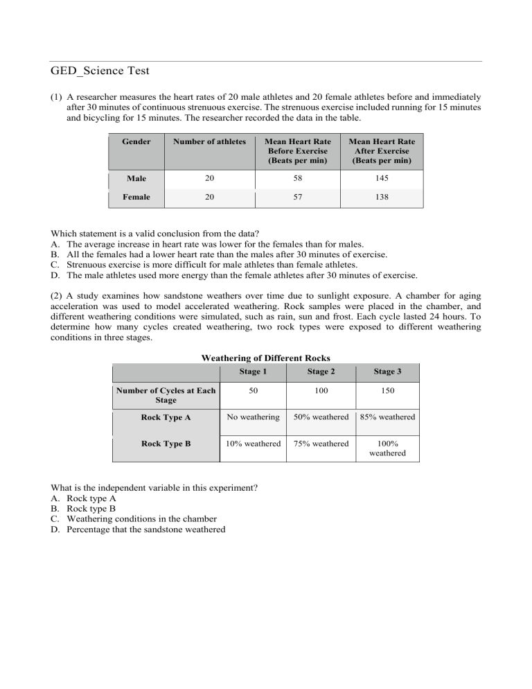 GED Science Test: Heart Rate & Rock Weathering Questions