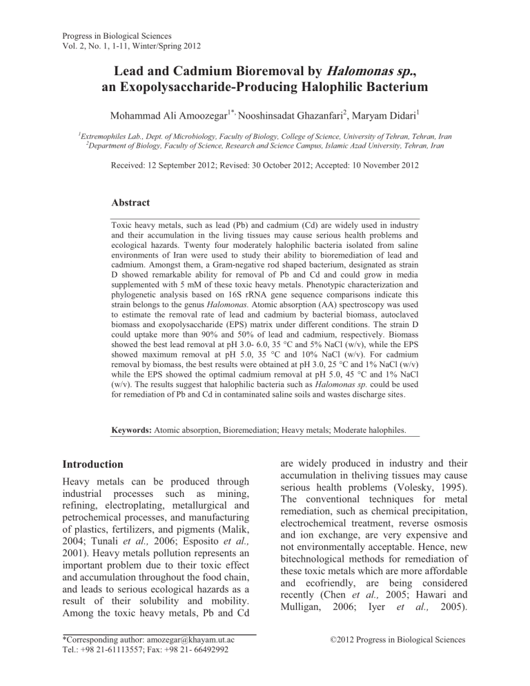 Lead & Cadmium Bioremoval by Halomonas sp. Exopolysaccharide Bacteria