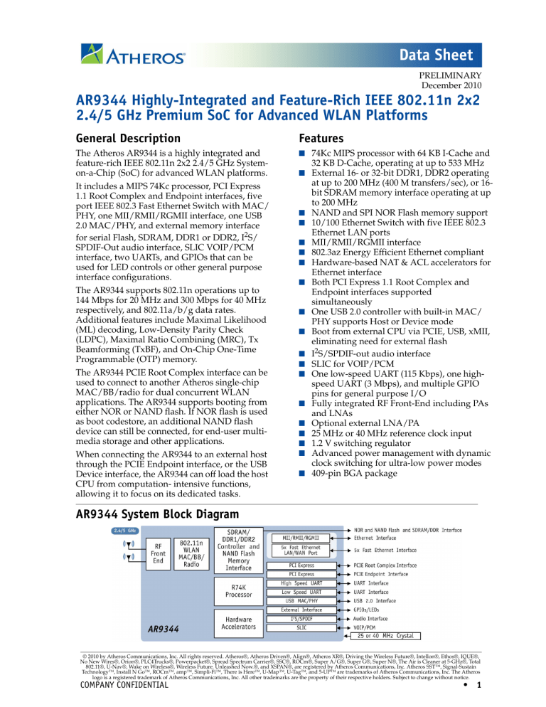 AR9344 IEEE 802.11n 2x2 2.4/5 GHz SoC Data Sheet for WLAN Platforms