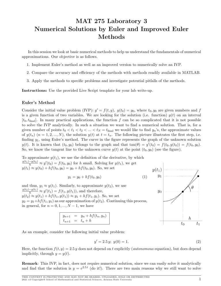 Numerical Solutions: Euler & Improved Euler Methods in MATLAB