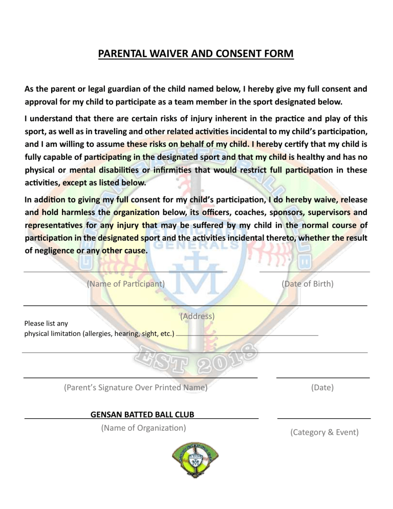 Parental Waiver and Consent Form for Sports Participation