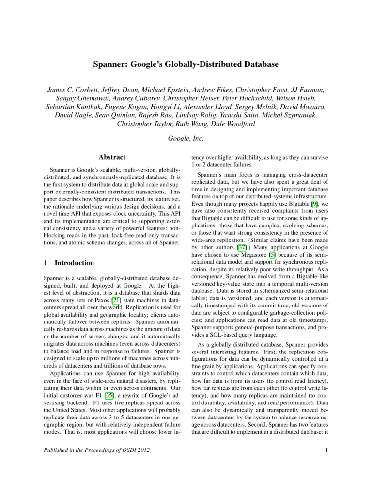 Spanner: Google's Globally-Distributed Database - OSDI 2012 Research Paper