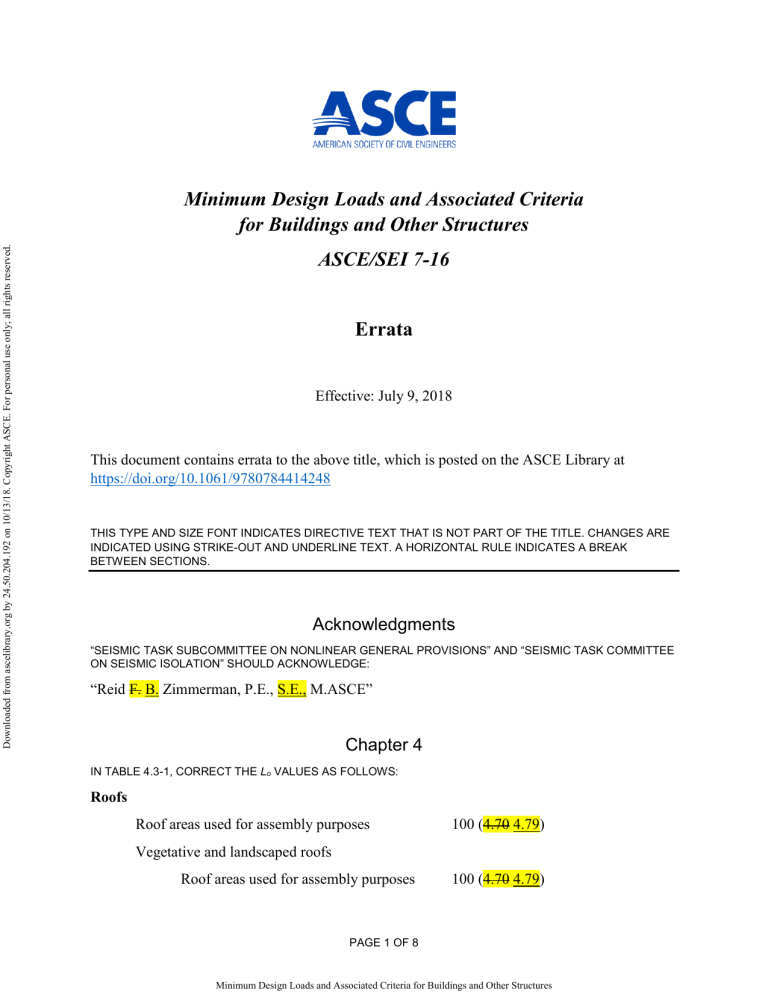 ASCE/SEI 7-16 Errata: Minimum Design Loads for Buildings & Structures