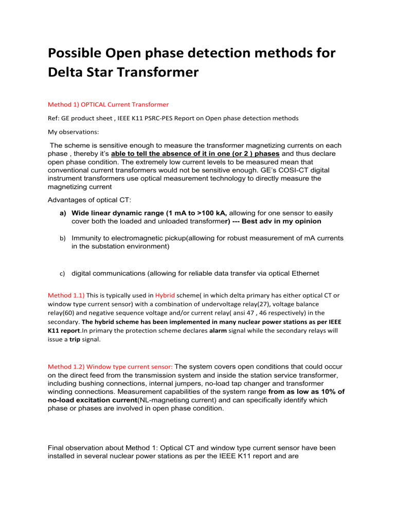 Open Phase Detection Methods for Delta Star Transformers