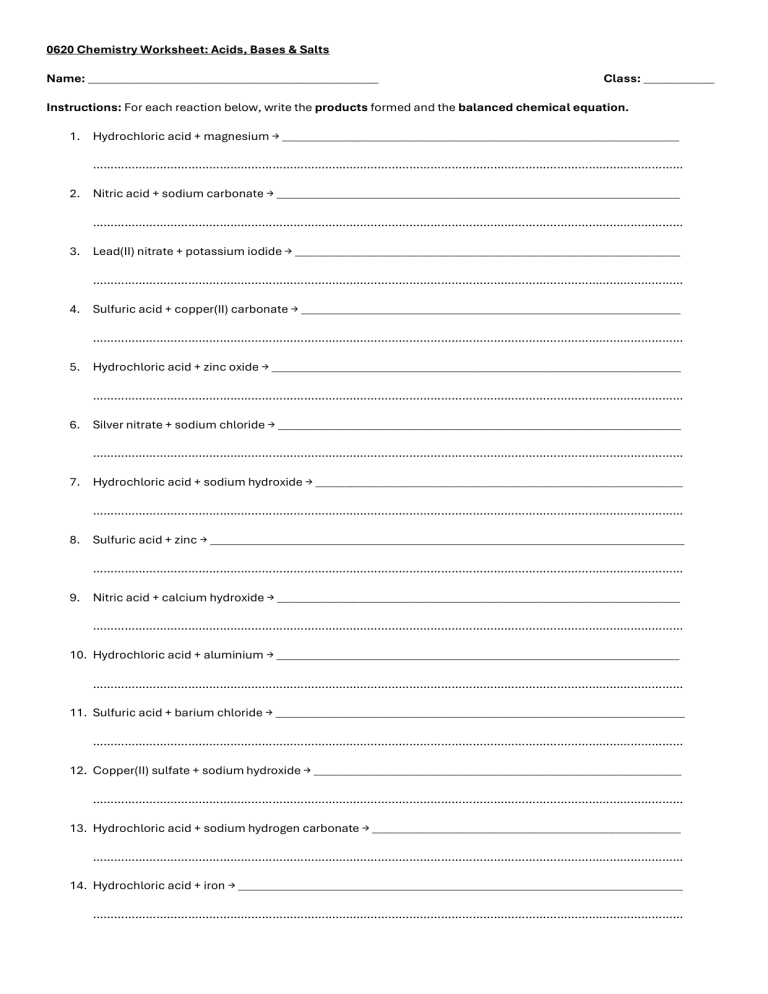 0620 Chemistry Worksheet: Acids, Bases & Salts Reactions