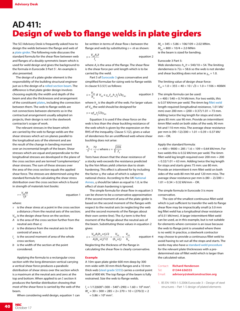 Design of Web to Flange Welds in Plate Girders | Eurocode 3 Advisory