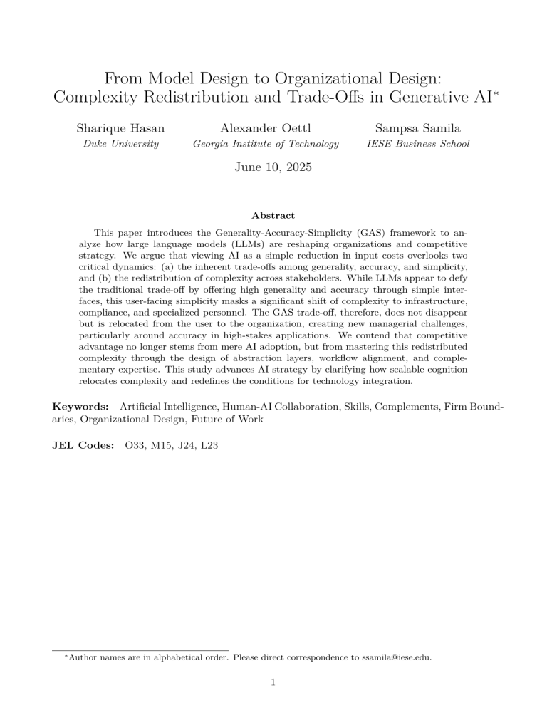 Generative AI: Complexity, Trade-offs, and Organizational Design (GAS ...