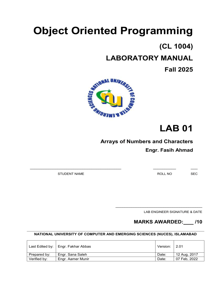 OOP Lab Manual: Arrays of Numbers & Characters (CL 1004) NUCES