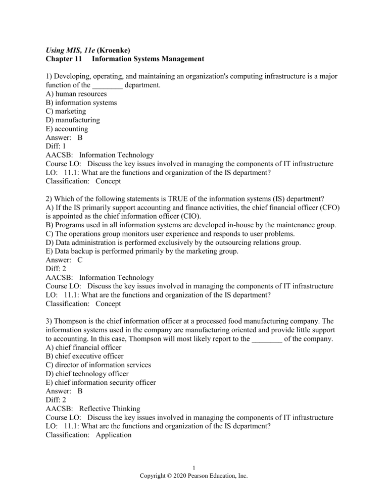 MIS Chapter 11: Information Systems Management Questions (Kroenke)