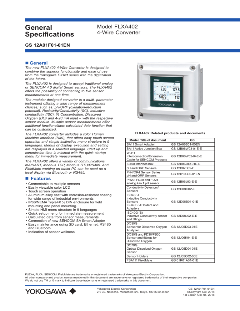 FLXA402 4-Wire Converter: pH/ORP, Conductivity, DO Specifications