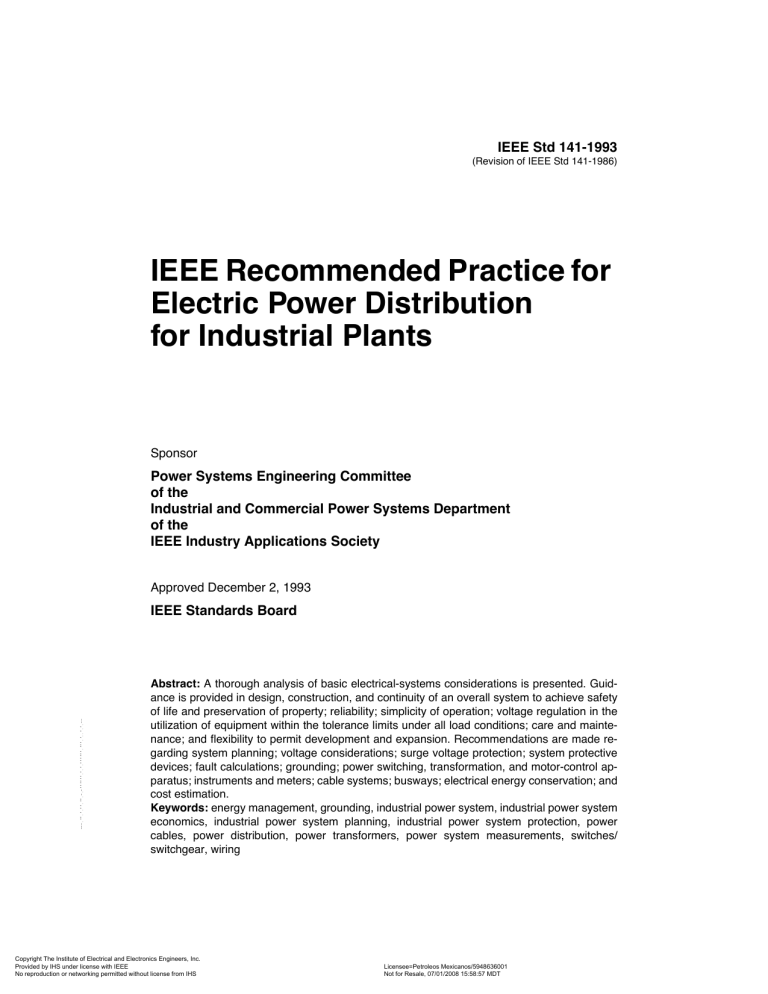IEEE Std 141-1993: Electric Power Distribution for Industrial Plants