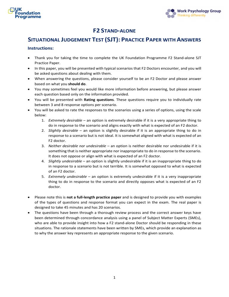 F2 Stand-Alone SJT Practice Paper with Answers | UK Foundation Programme