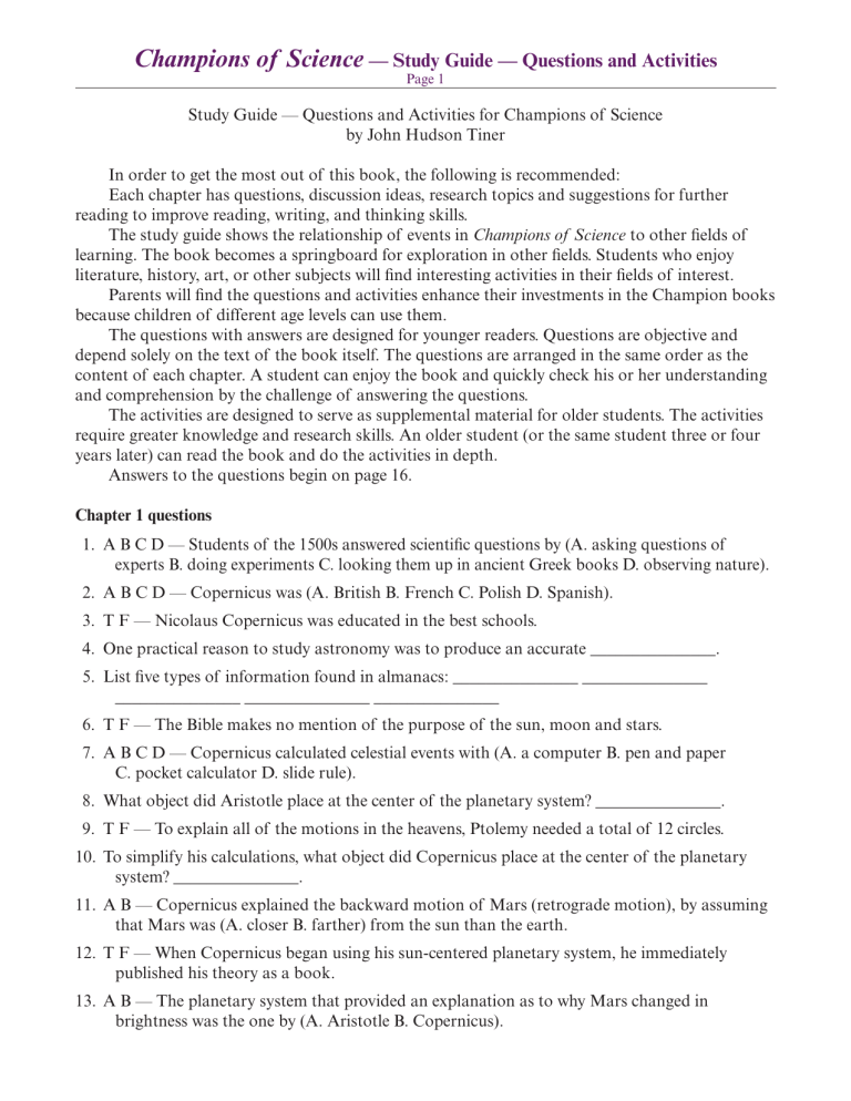 Champions of Science Study Guide: Questions & Activities for Students