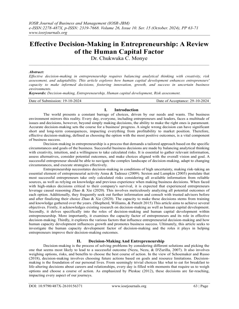 Effective Decision-Making in Entrepreneurship: Human Capital Review