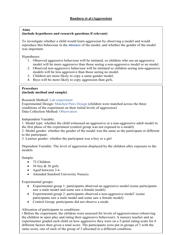 Bandura et al. Aggression Study: Aims, Procedure, Findings & Evaluation