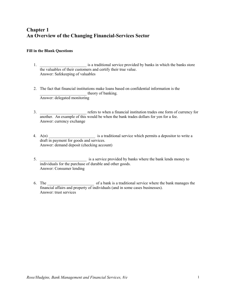 Financial Services Sector Overview: Bank Management Test Bank