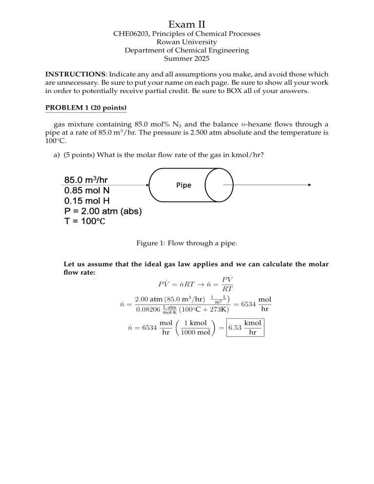 Chemical Engineering Exam II: Gas Laws & Phase Equilibrium Problems