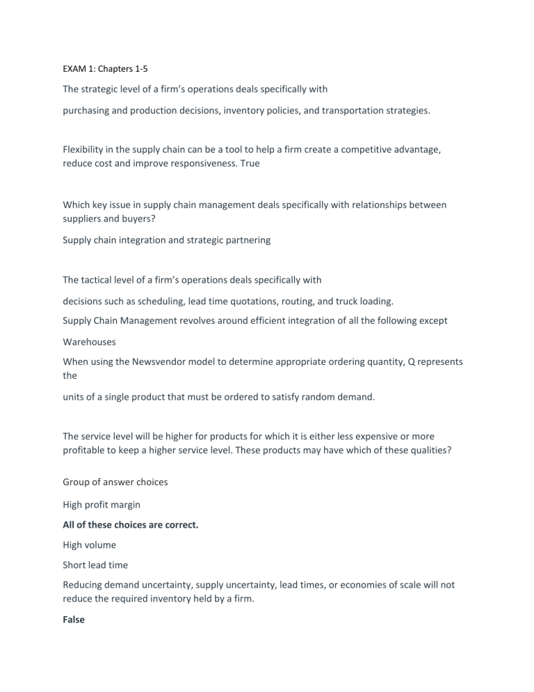 Supply Chain Management Exam Questions: Chapters 1-15