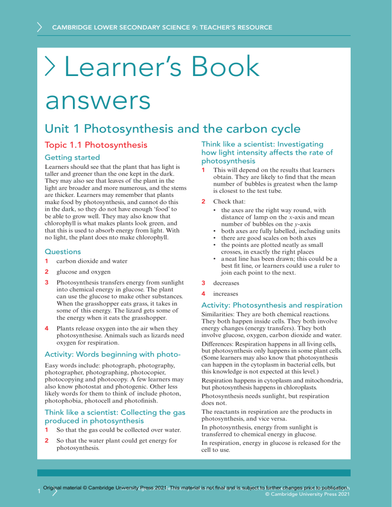 Cambridge Lower Secondary Science 9: Photosynthesis & Carbon Cycle Answers