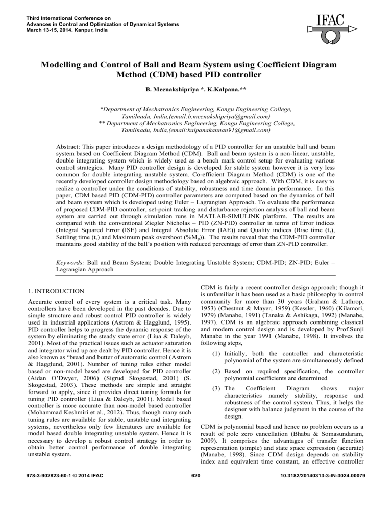 Modelling & Control of Ball and Beam System using CDM-PID Controller