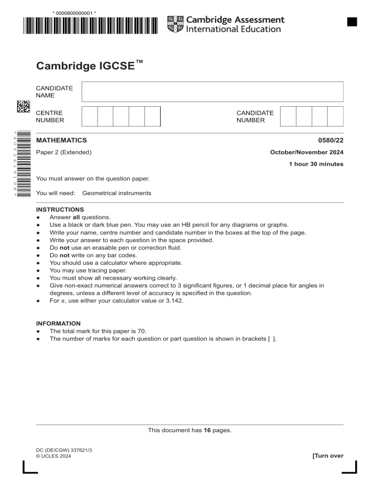 Cambridge IGCSE Mathematics 0580/22 Paper 2 Extended (Oct/Nov 2024)